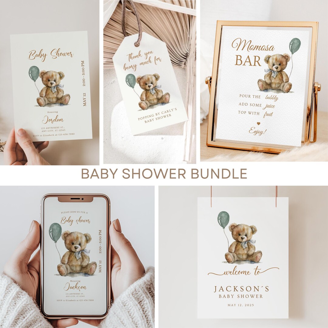 Teddy Bear Baby Shower Bundle: Editable Invitation Template (digital ...