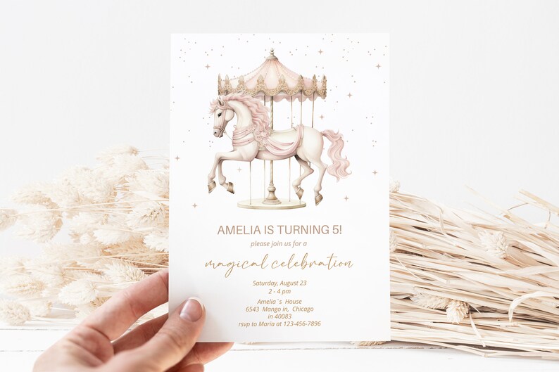 Editable Carousel Birthday Invitation | Pink Carnival Party | Digital ...