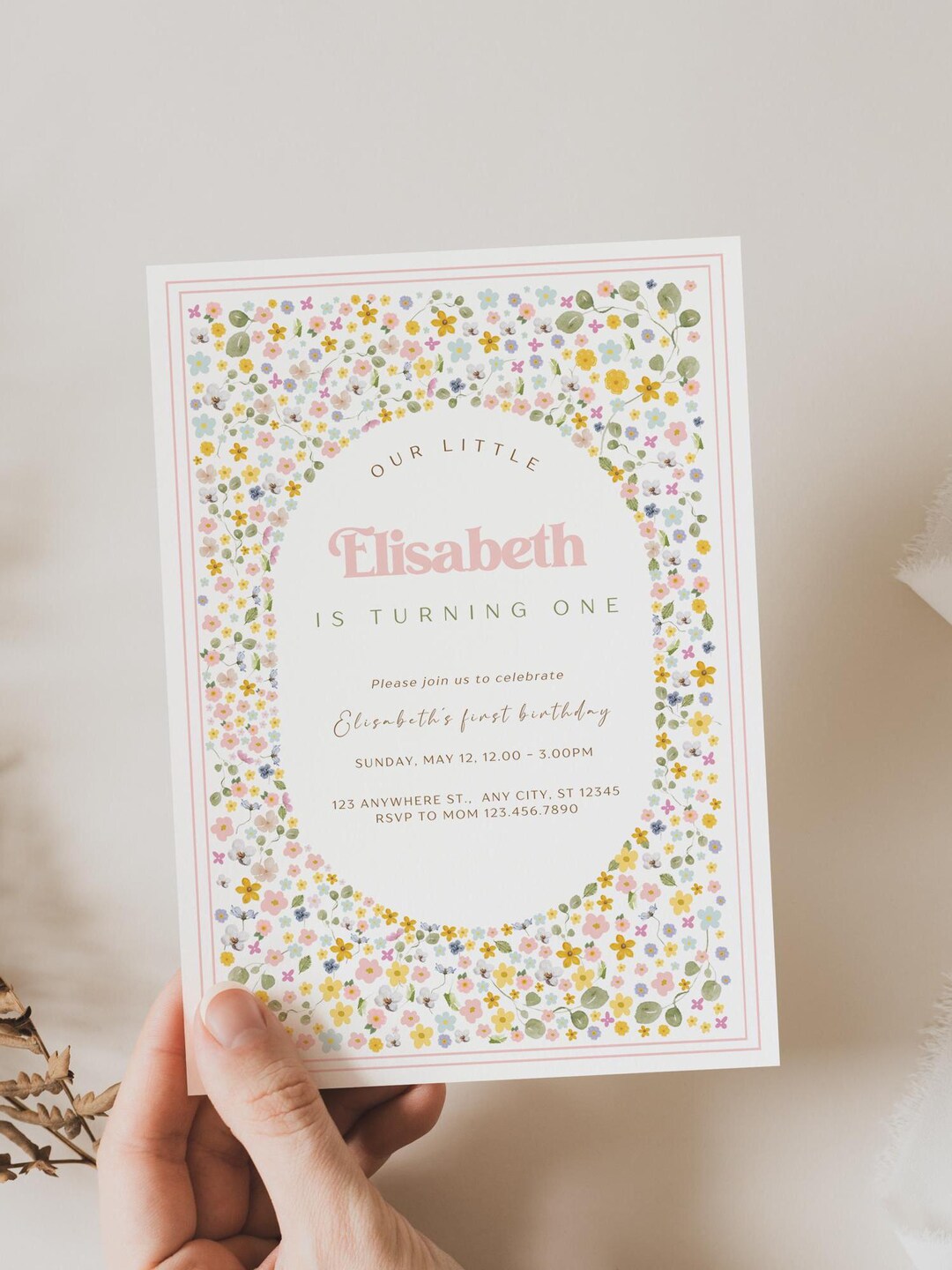 Hand-drawn Floral First Birthday Invite, Editable, Printable Template ...