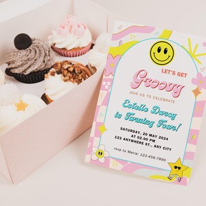 Smiley Face Invite, Smiley Face Birthday Invitation, Pink Groovy Retro ...
