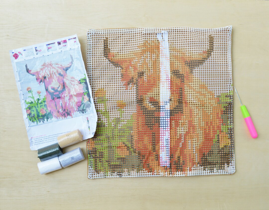 Bull Pillow Cover Latch Hook Kit - Southwestern Decor Bull Horns Pillow ...