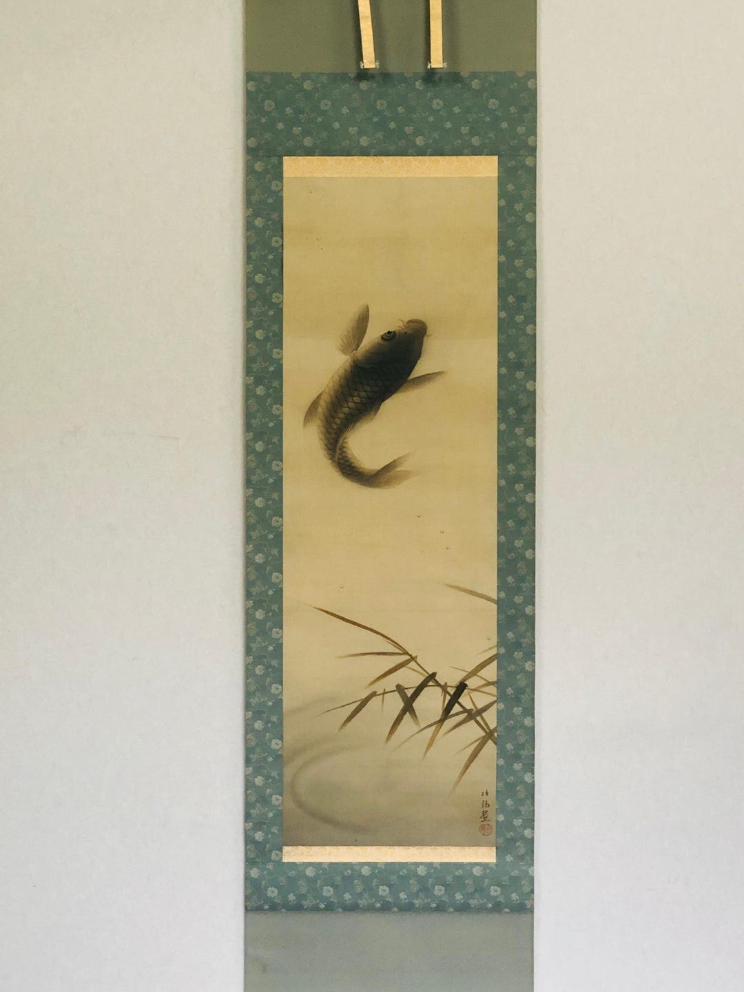 Y2953 KAKEJIKU Koi Fish Singed Japan Hanging Scroll Wall Decor Interior ...