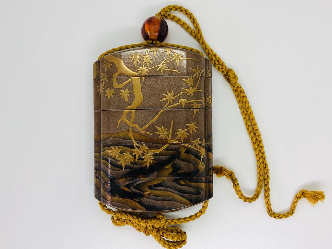 Y4853 INROU Makie Pill Box 5 Parts Japan Traditional Antique Kimono ...