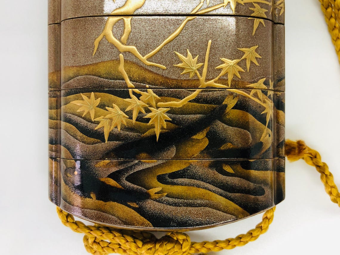 Y4853 INROU Makie Pill Box 5 Parts Japan Traditional Antique Kimono ...