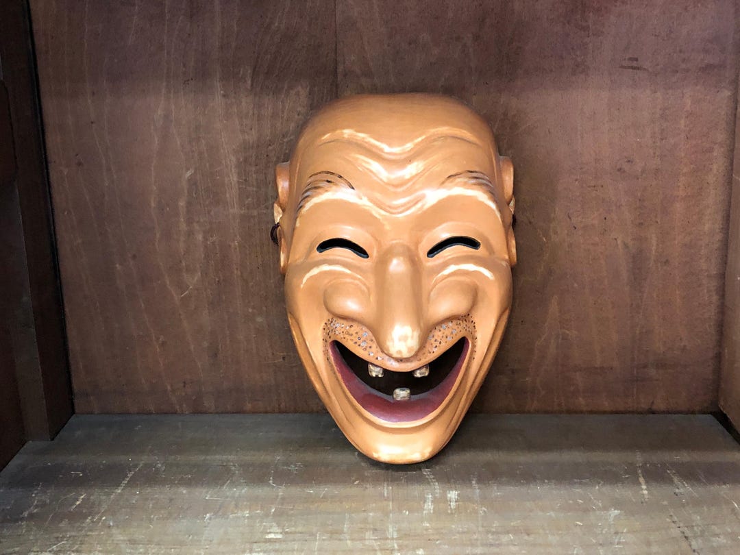 Y3008 NOH MASK Wood Carving Smiling Face Japan Antique Dance Drama Omen ...
