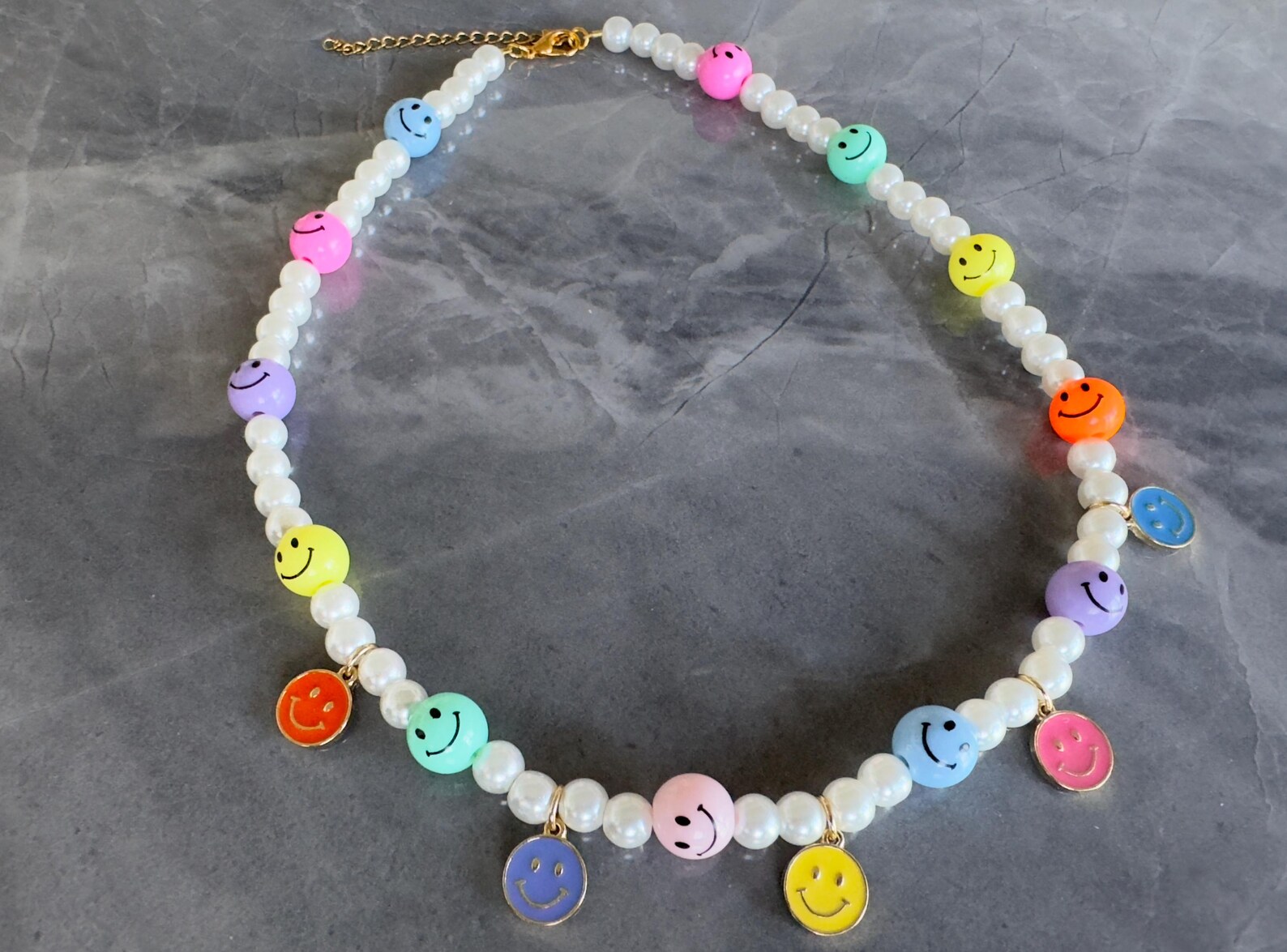 Smiley Face Beaded Necklace, Smiley Face Pearl Necklace, Smiley Face ...