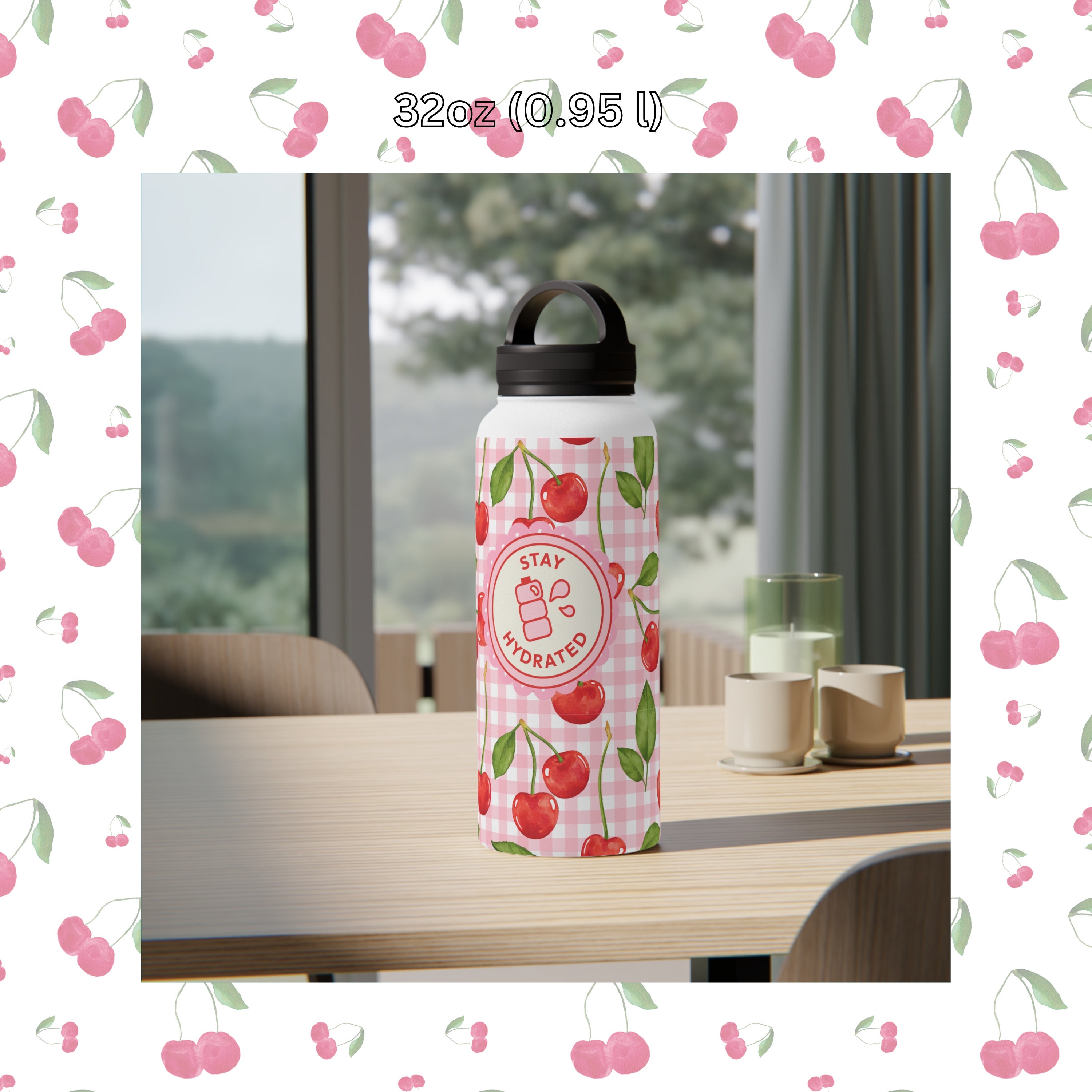 Cute Cherry Stainless Steel Water Bottle Cherries Tumbler Pink ...