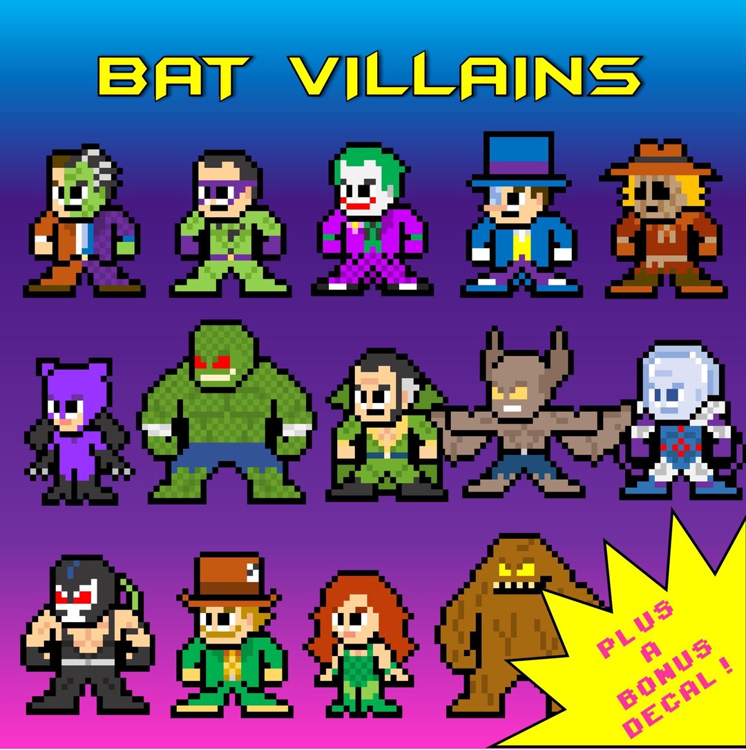 8-bit Comic Sticker Set: Bat Villains Set of 14 Stickers - Custom Pixel ...