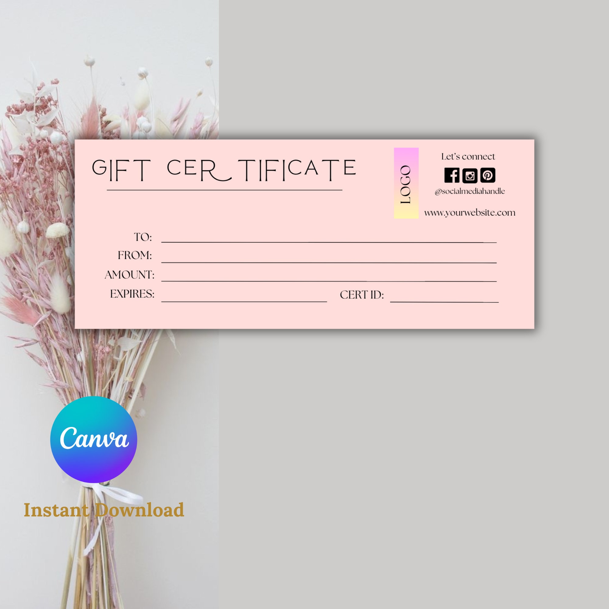 Editable Gift Certificate Template Pink Printable Voucher Gift Card DIY ...