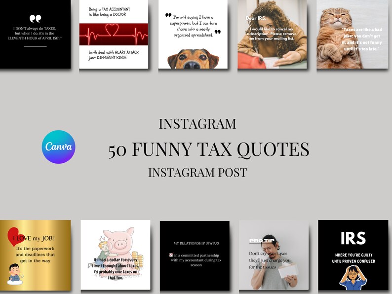 Funny Tax Quotes: 50 Instagram Post Templates (canva Edit) | Editable ...
