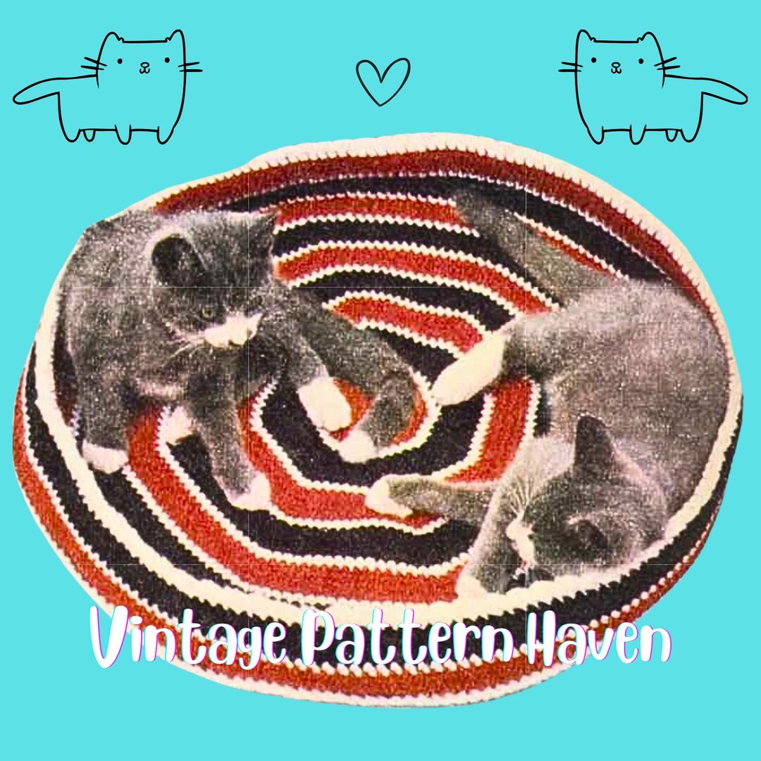 Vintage Crochet Cat Basket Pattern 1970s – Striped Pet Bed, Retro Cat ...