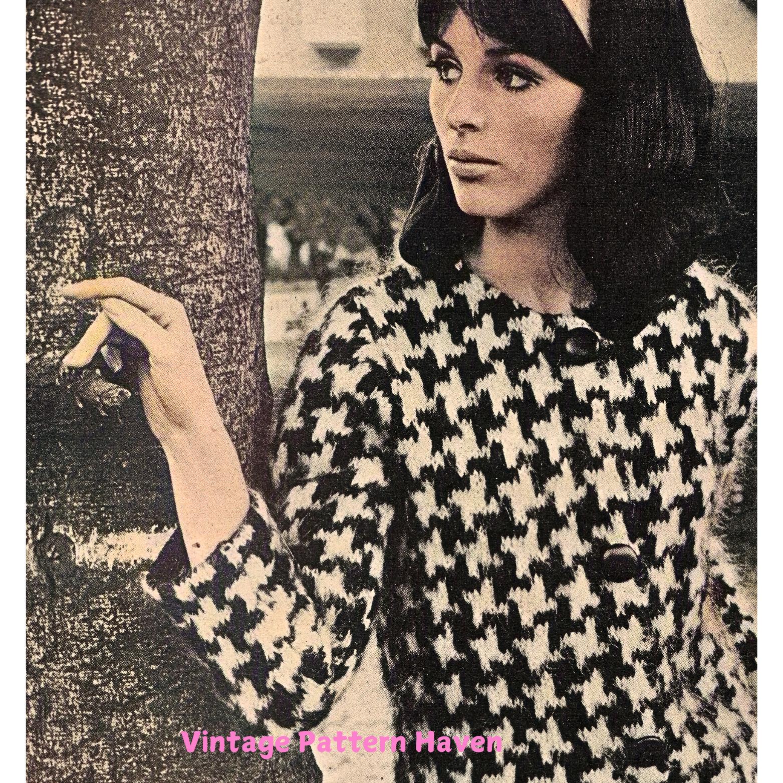 Vintage 60s Dogtooth Check Jacket Knitting Pattern – Stylish Collarless ...