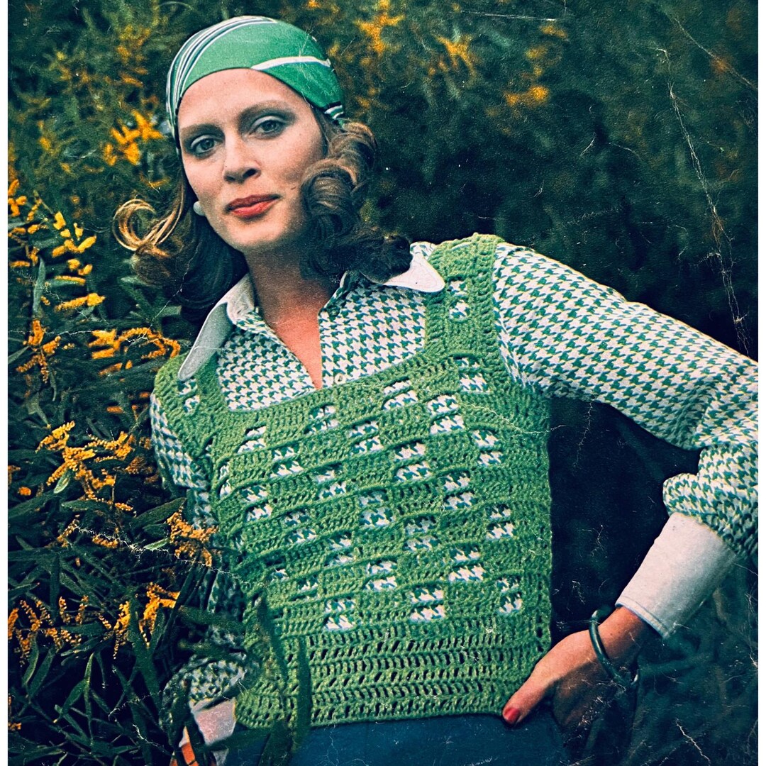1970s Boho Crochet Tank Top Pattern Funky Cropped Checkerboard Vest ...