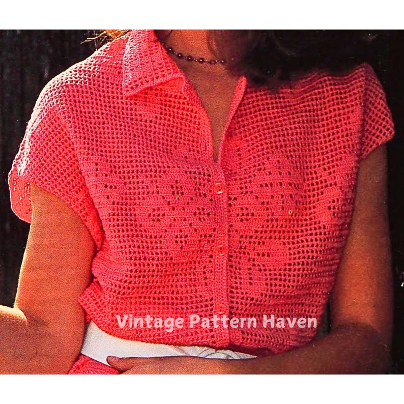 Vintage Filet Crochet Pattern PDF – Elegant Floral Blouse, Short Sleeve ...