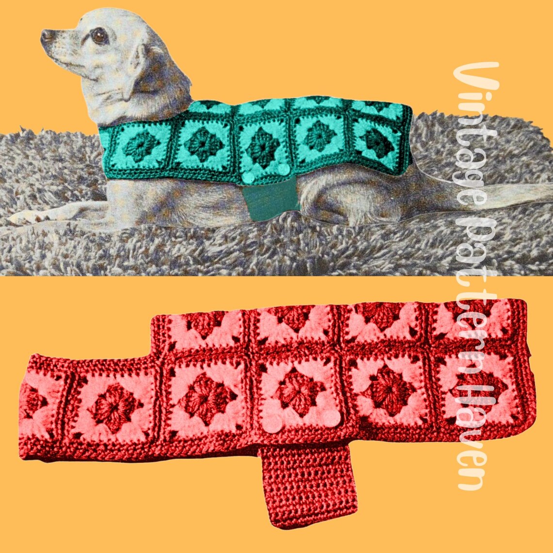 Granny Square Dog Coat Crochet Pattern PDF – 1970s Vintage Pet Sweater ...