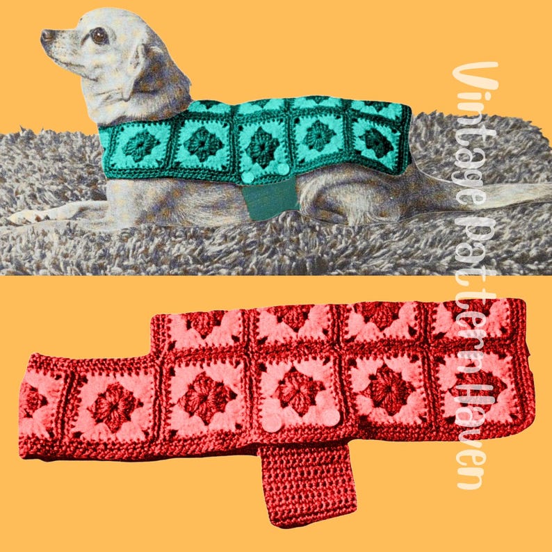 Granny Square Dog Coat Crochet Pattern PDF – 1970s Vintage Pet Sweater – Retro Dog Jacket for ...