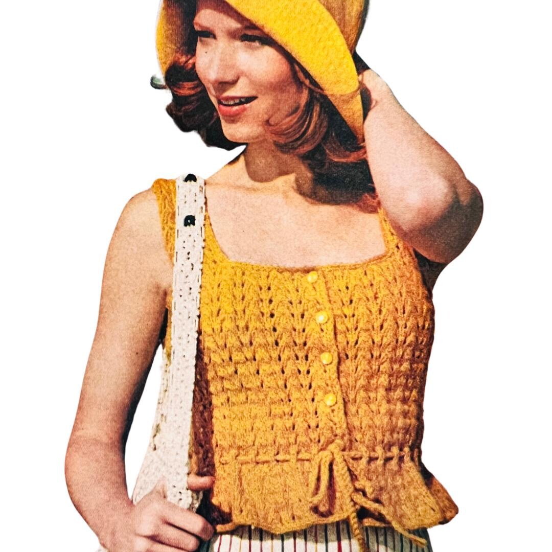 1970s Button-up Camisole Knitting Pattern Lacy Striped Knit Top Vintage ...