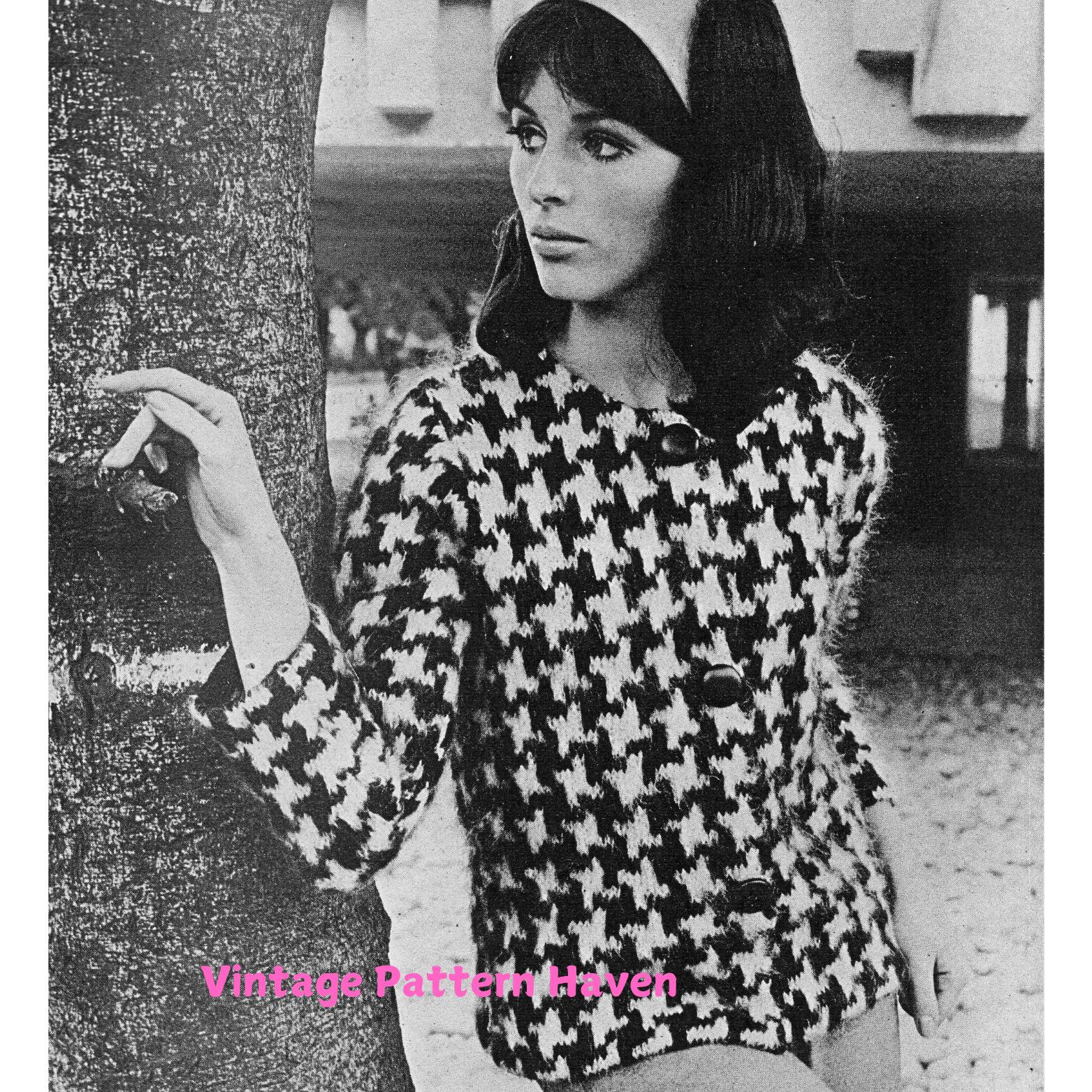 Vintage 60s Dogtooth Check Jacket Knitting Pattern – Stylish Collarless ...