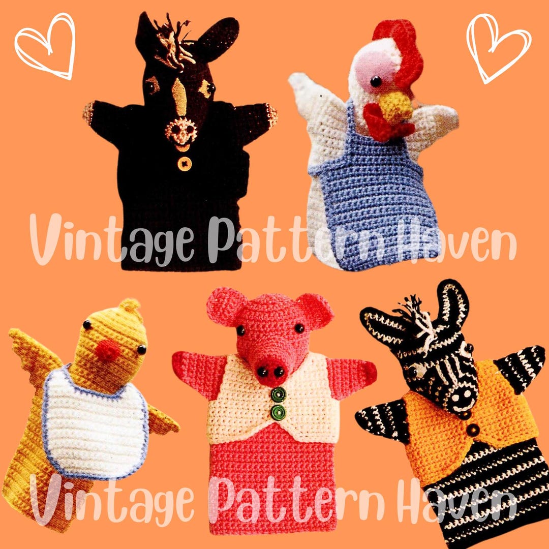 Vintage Crochet Hand Puppets Pattern | Horse, Zebra, Pig, Chicken ...