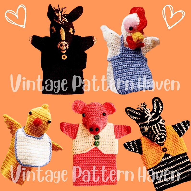 Vintage Crochet Hand Puppets Pattern | Horse, Zebra, Pig, Chicken ...