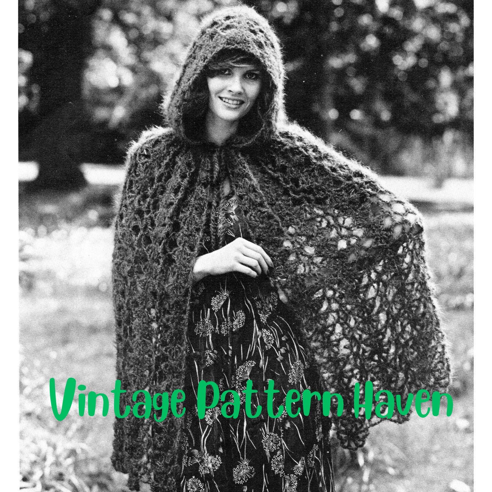 Vintage Crochet Hooded Cape Cardigan Pattern – Lacy 1970s Wrap Coat ...