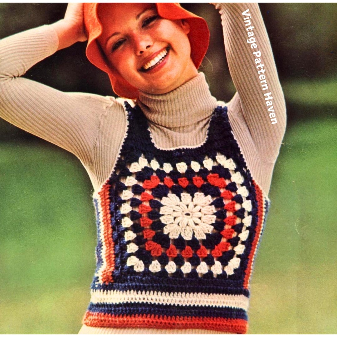 Vintage 1970s Crochet Pattern | Granny Square Cropped Top | Retro Tri ...