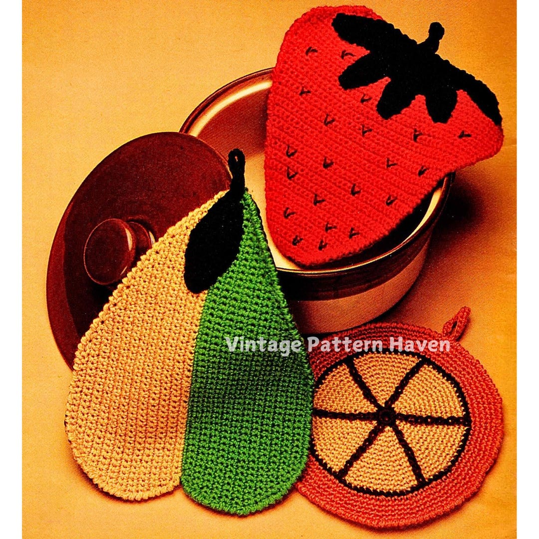 Vintage Fruity Potholder Crochet Pattern - Strawberry, Pear & Orange ...