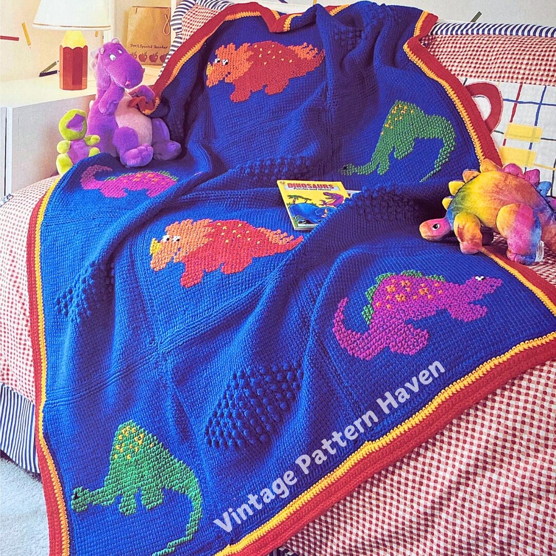 Vintage Dinosaur Blanket Crochet Pattern – Bold Afghan Stitch & Puff ...