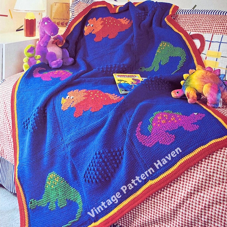 Vintage Dinosaur Blanket Crochet Pattern – Bold Afghan Stitch & Puff ...