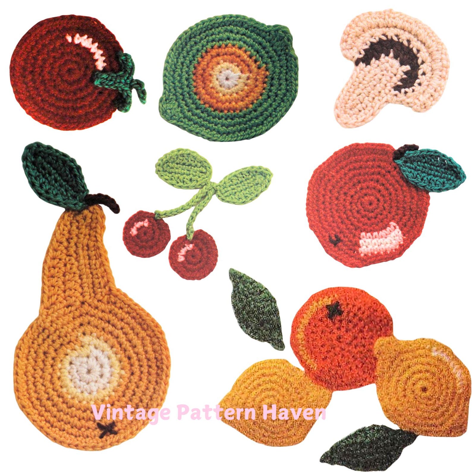 Vintage Crochet Fruit Applique Patterns – Retro PDF for Apple, Pear ...