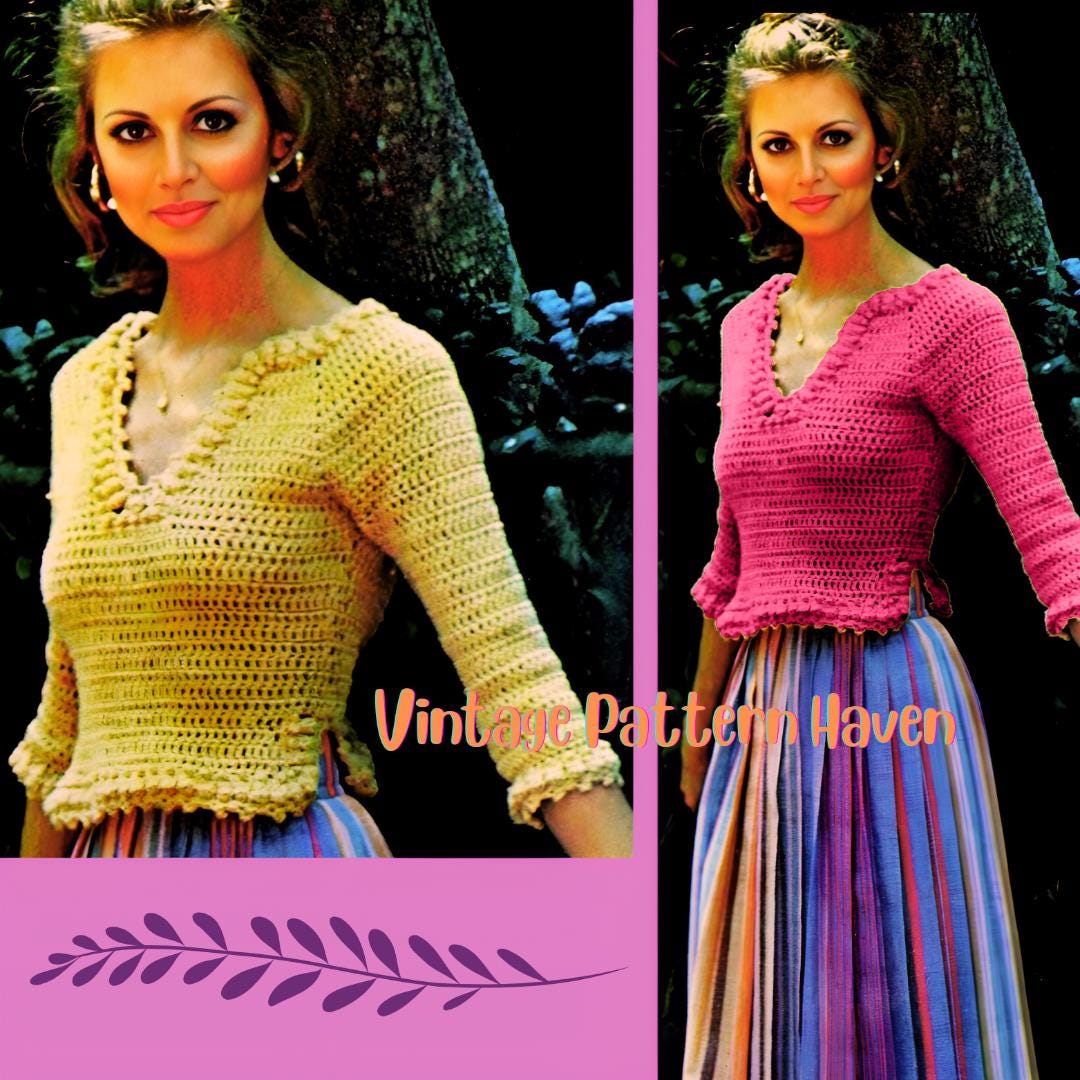 1970s V-neck Crochet Top Pattern PDF – Boho Elbow Sleeve Sweater ...