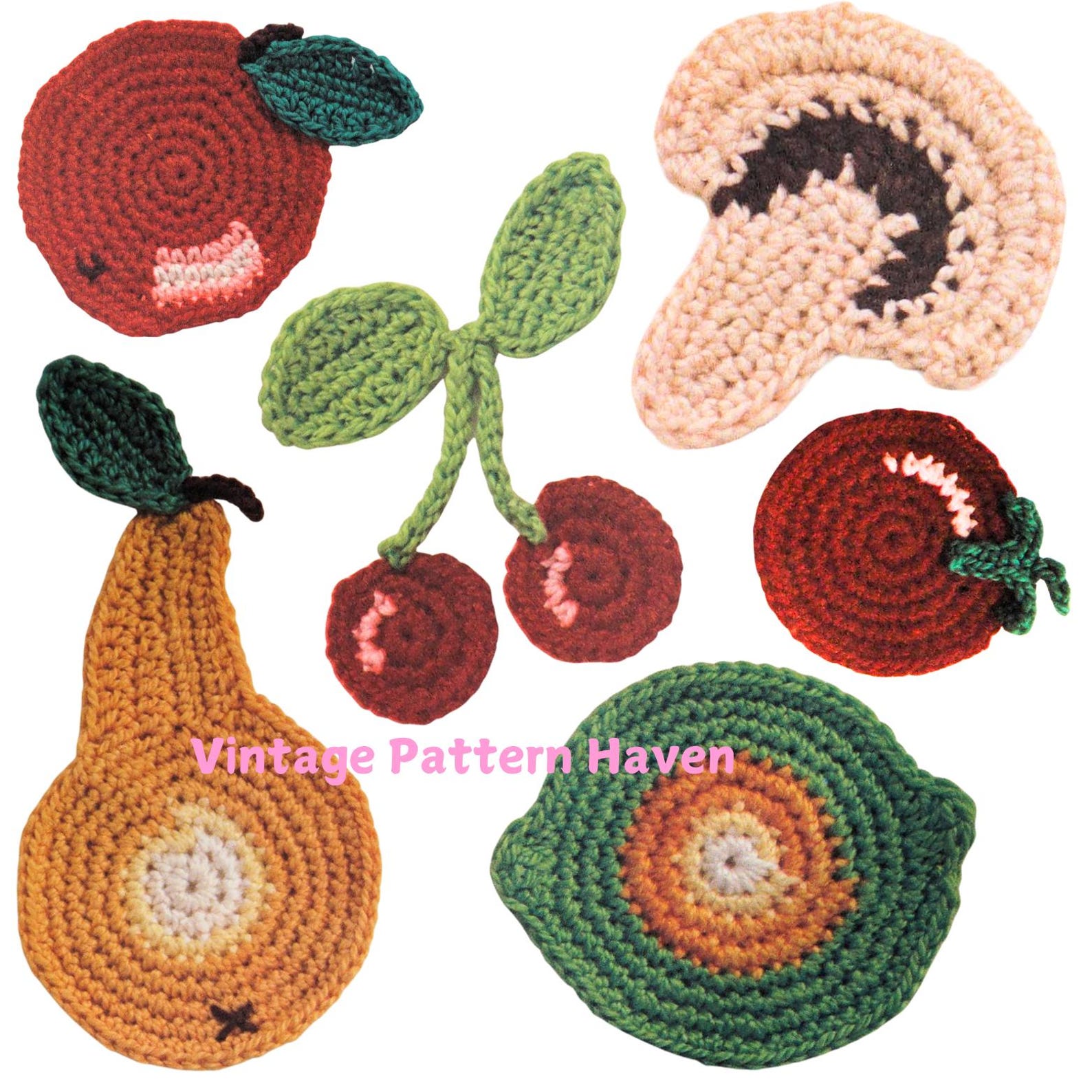 Vintage Crochet Fruit Applique Patterns – Retro PDF for Apple, Pear ...