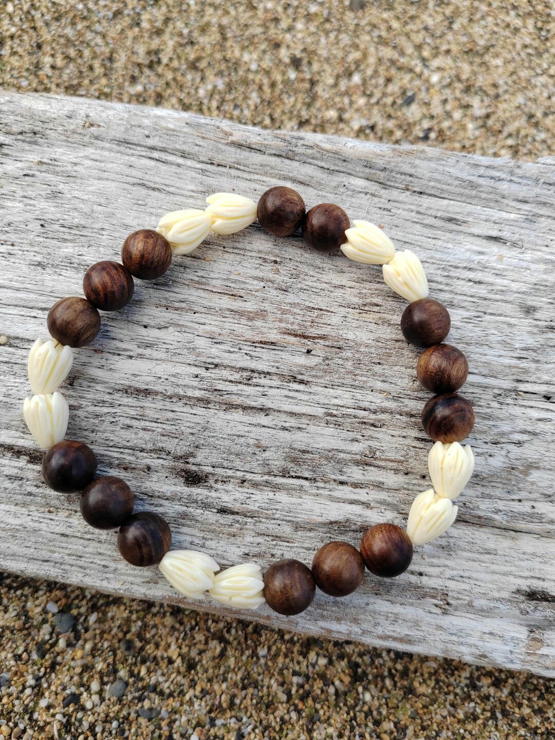 Pikake With Black Rosewood Beads Stretchy Bracelet, White Jasmine ...
