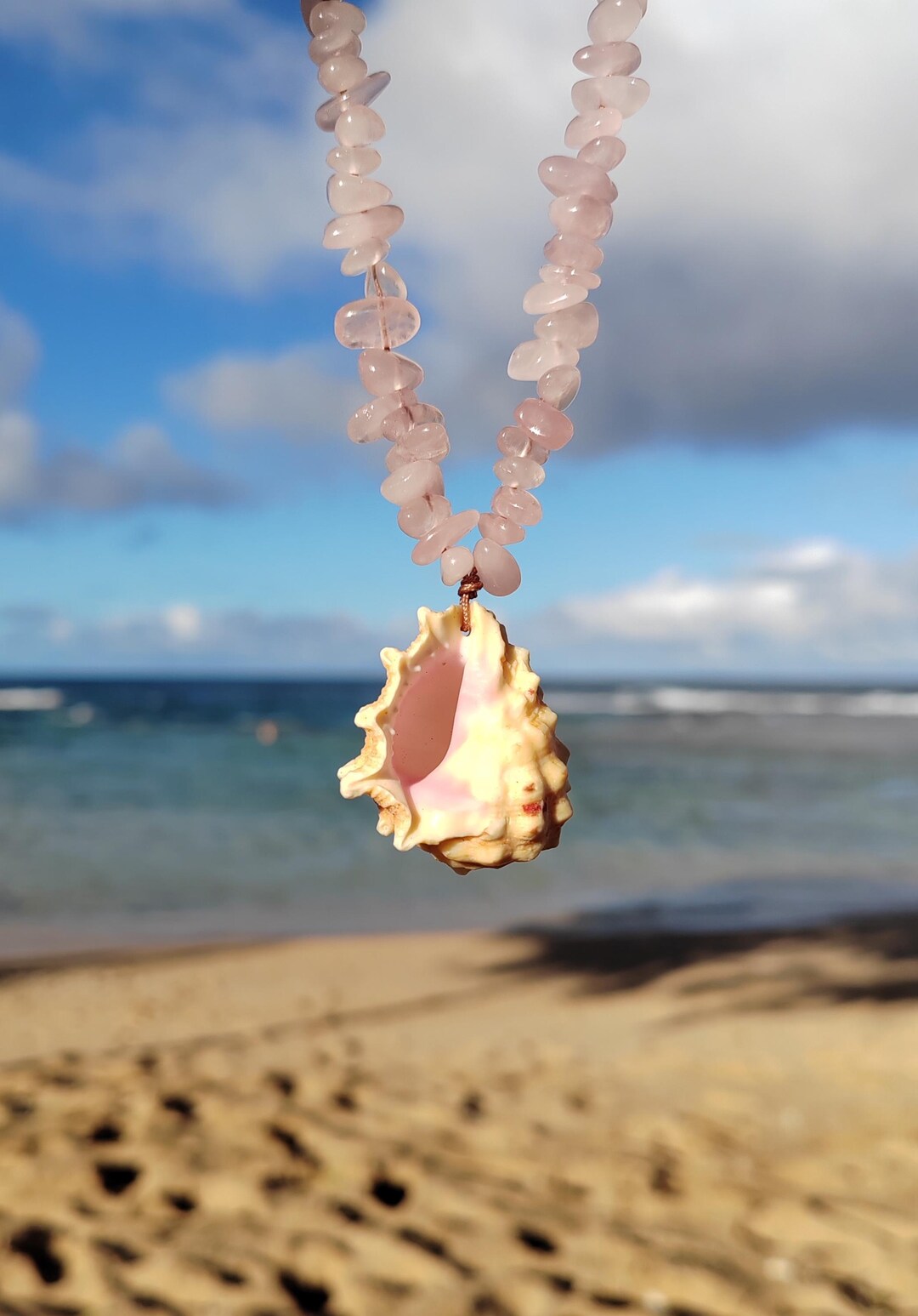 Hawaiian Strawberry Drupe Shell and Rose Quartz Gemstone Adjustable ...