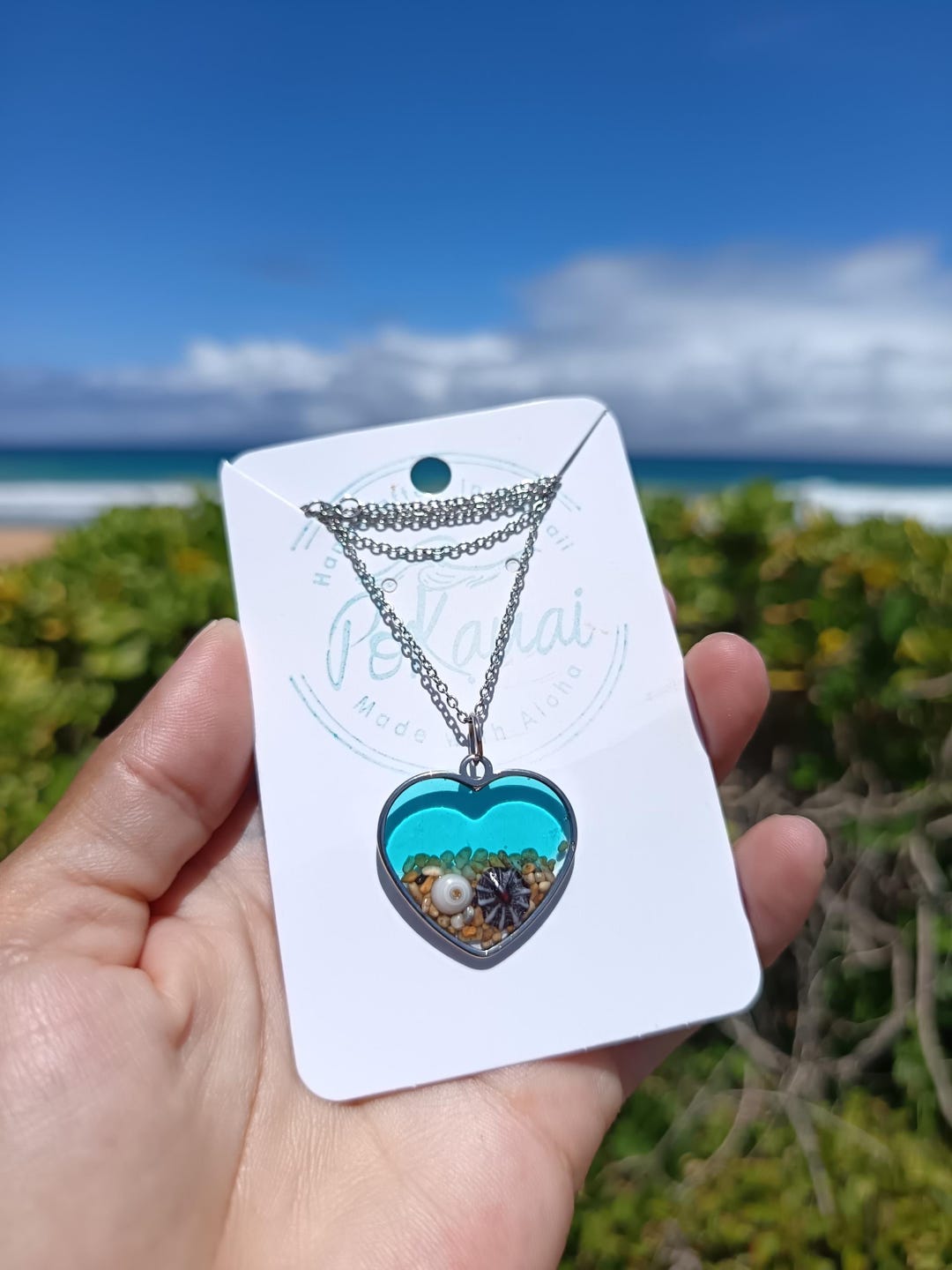 Kauai Beach Sand & Tiny Seashell Heart Shape Necklace | Ocean Necklace ...