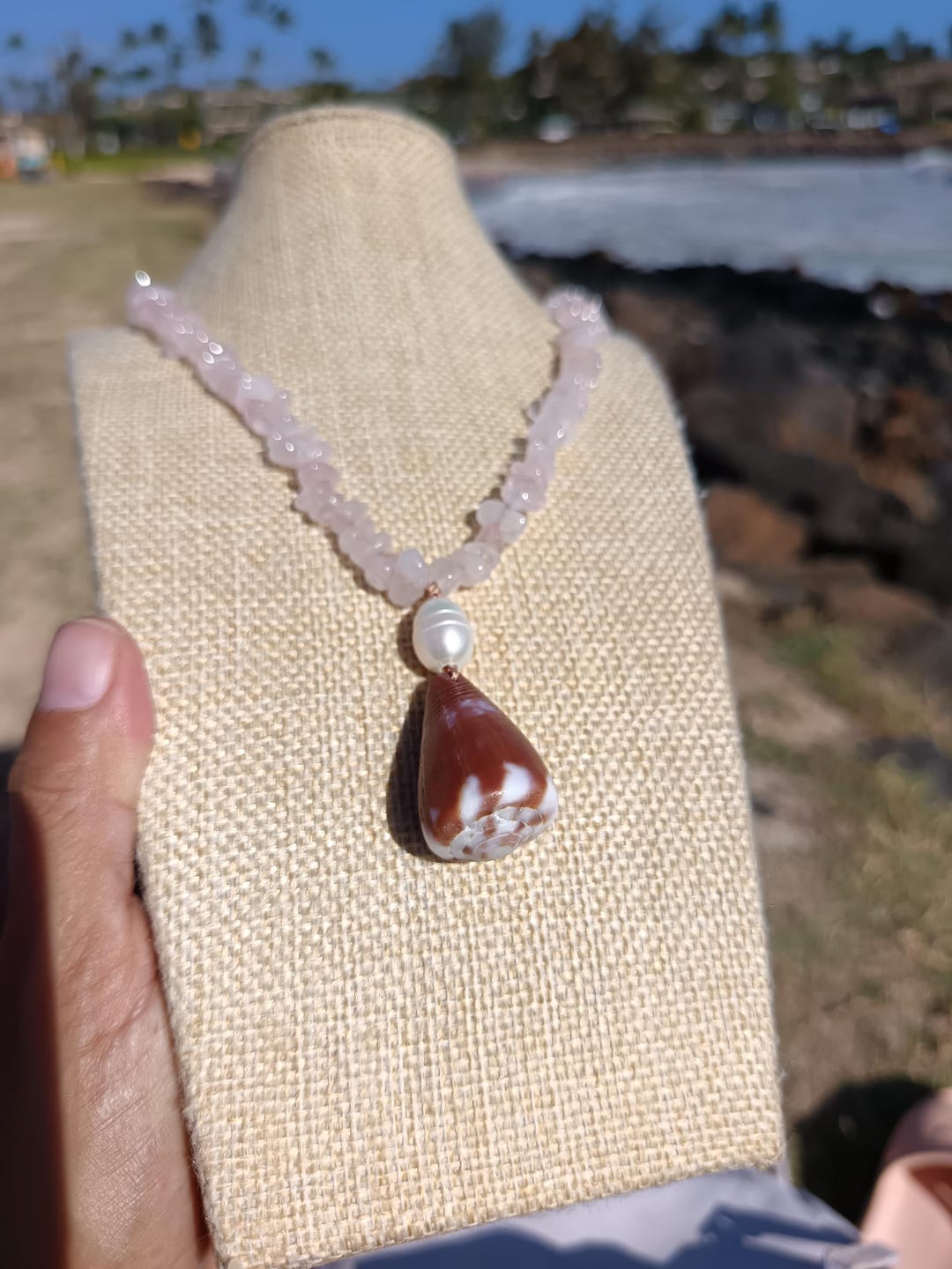 Hawaiian Genuine Rat Cone Shell, Freshwater Pearl and Rose Quartz ...