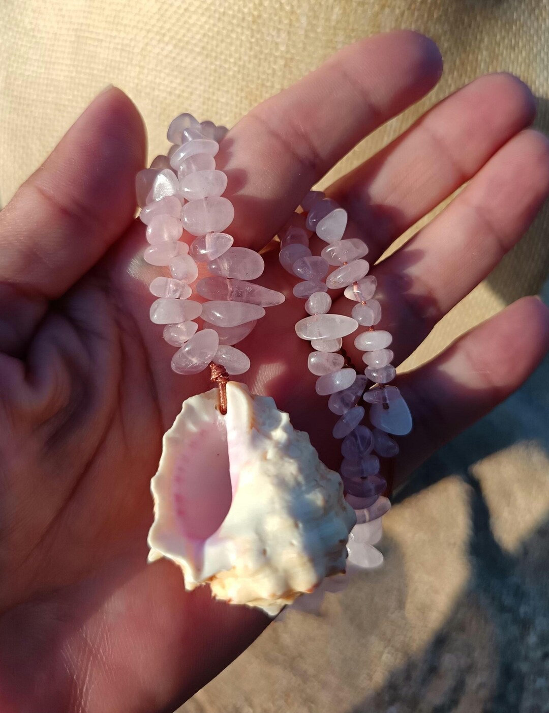 Hawaiian Strawberry Drupe Shell and Rose Quartz Gemstone Adjustable ...