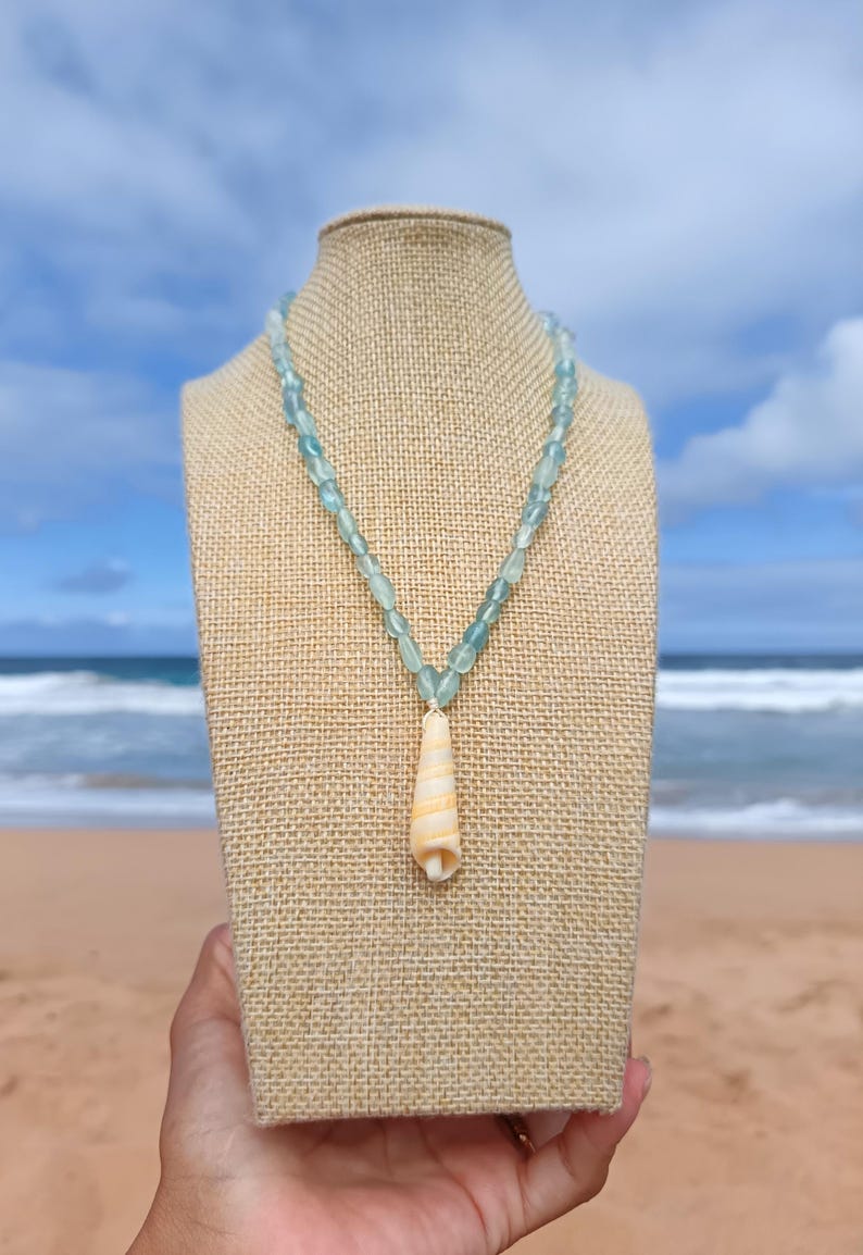 Hawaiian Auger Shell and Aquamarine Gemstone Necklace, Gift for Her ...