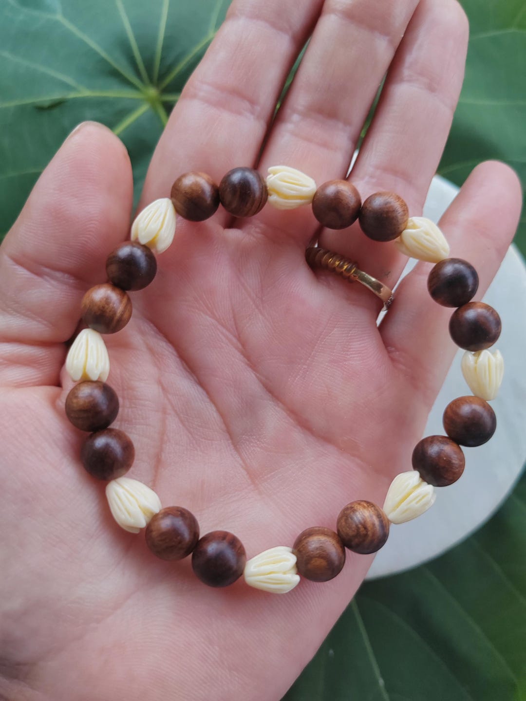 Pikake and Rosewood Beads Stretchy Bracelet, White Jasmine Flower ...