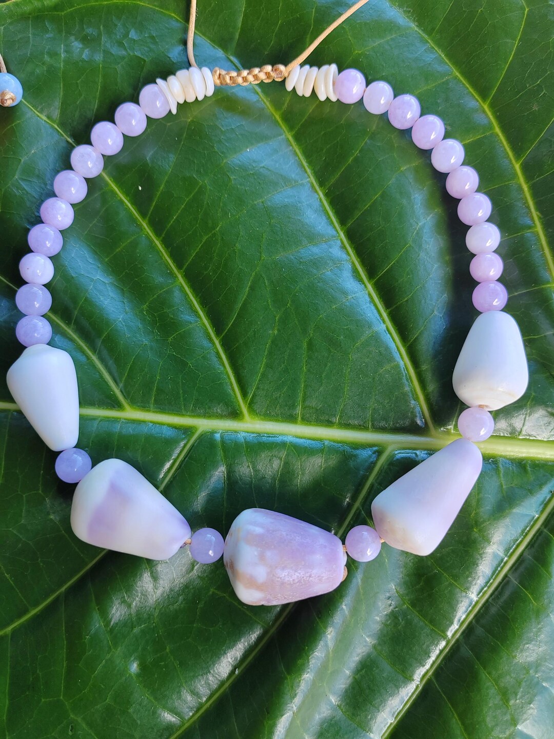 Hawaiian Assorted Genuine Cone Shell and Angelite Jade Gemstone Adjustable Necklace, Gift for ...