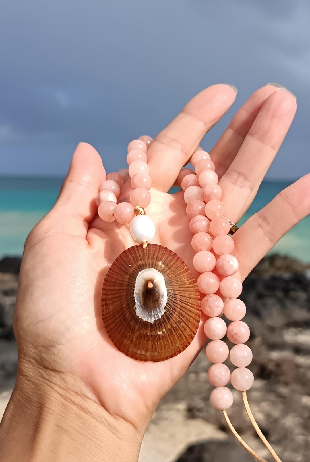 Hawaiian Big Opihi Shell and Sunstone Gemstone Necklace, Unique Gift ...