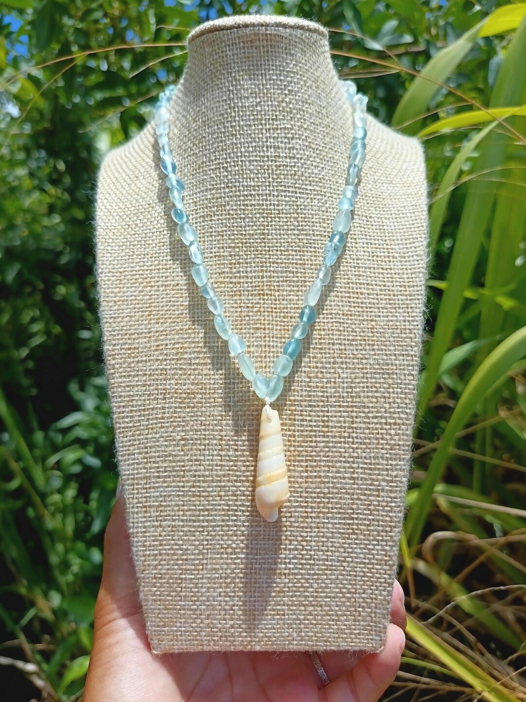 Hawaiian Auger Shell and Aquamarine Gemstone Necklace, Gift for Her ...