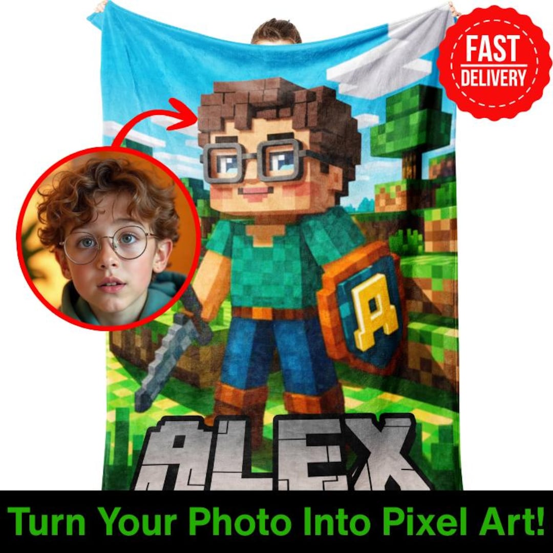 Custom Minecraft-style Photo Blanket, Personalized Pixel Art Kids Gift ...