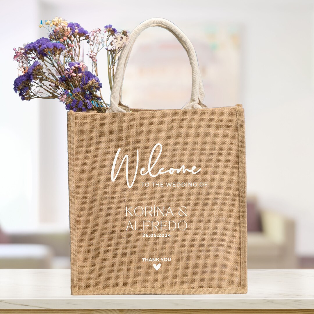 Personalized Rustic Jute Tote Bags - Custom Welcome Gifts for Weddings ...