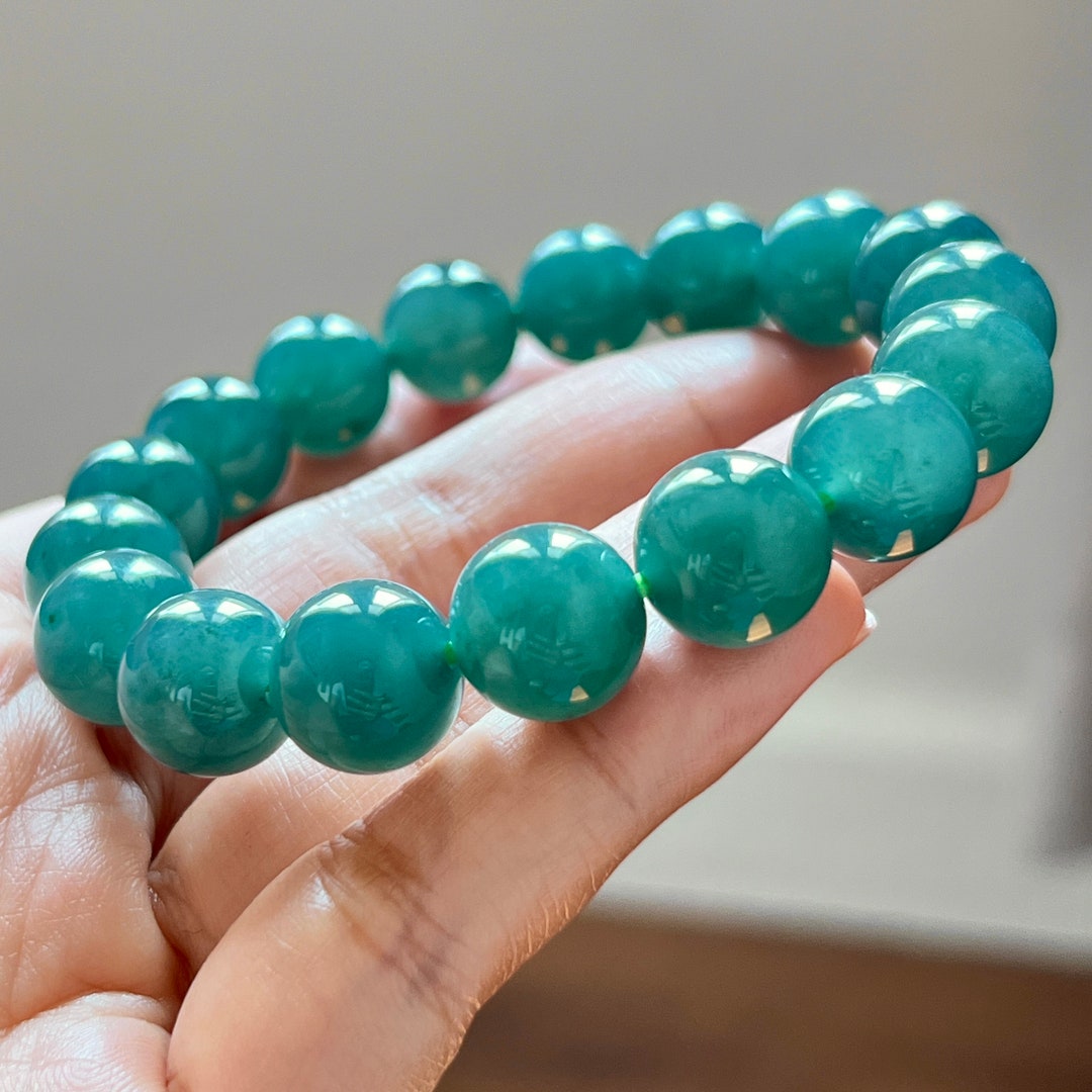Blue Ocean Jade Beaded Bracelet Natural Jadeite Bead Bracelet Grade a ...