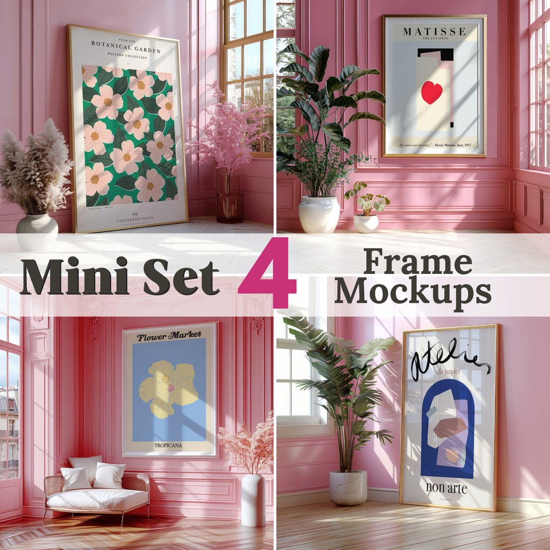 Pink Frame Mockup Set, Feminine Poster Print Mockup, Preppy Wall Art ...