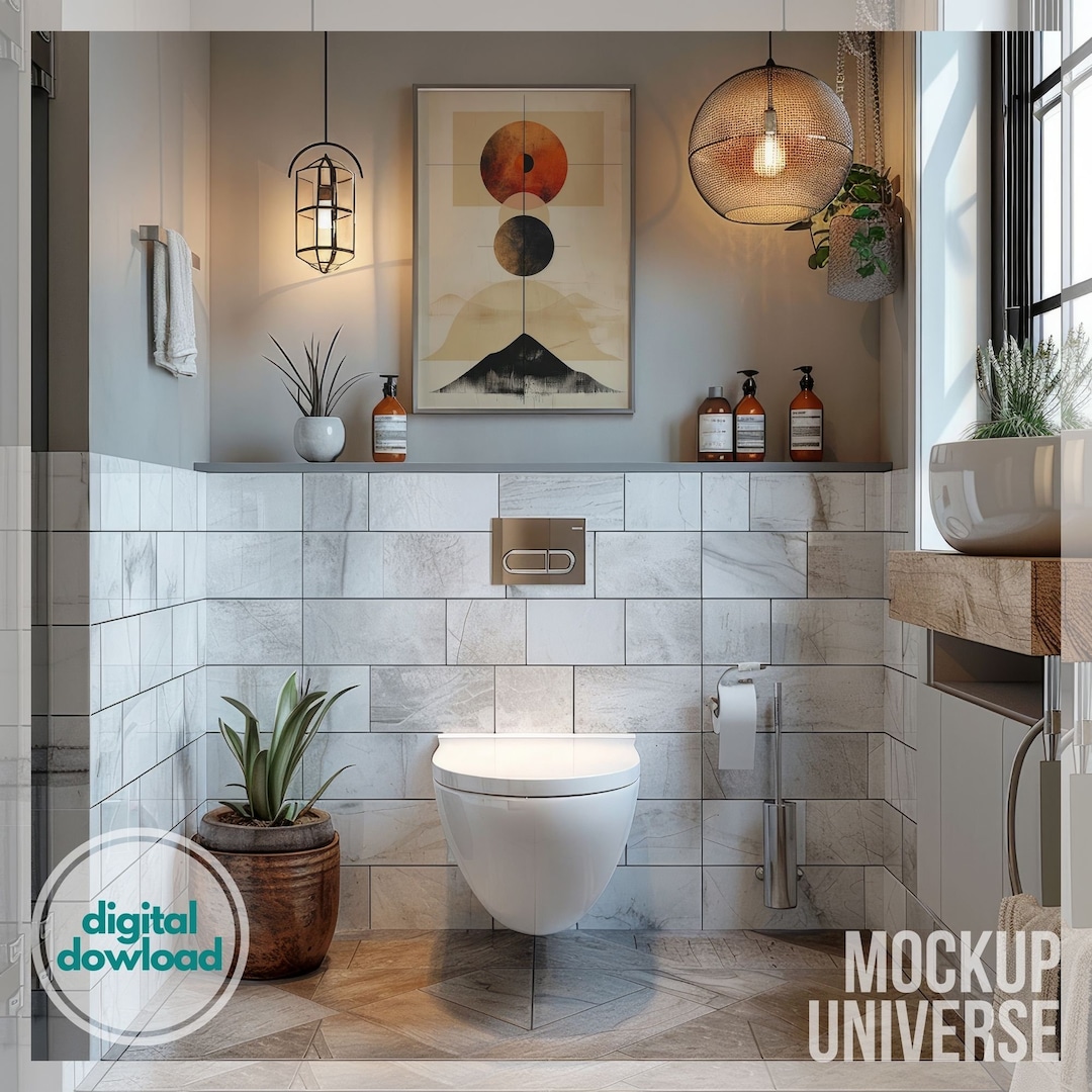 Minimal Toilet Frame Mockup for Art, Modern White Pan Artwork Display ...