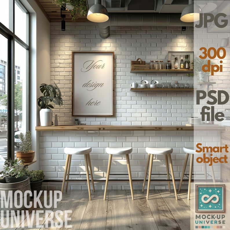 Coffee Shop Frame Mockup for Art, Minimal Wood Framed Canvas Mockup, Cafe Poster Template ...