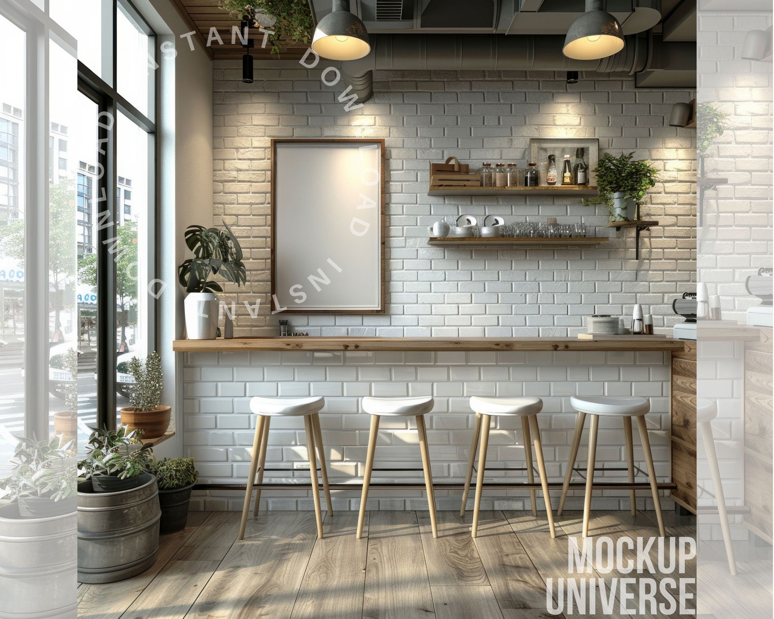 Coffee Shop Frame Mockup for Art, Minimal Wood Framed Canvas Mockup, Cafe Poster Template ...