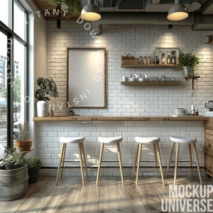 Coffee Shop Frame Mockup for Art, Minimal Wood Framed Canvas Mockup ...